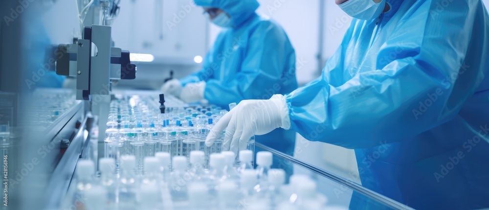 staff check Medical vials on production line at pharmaceutical factory ...