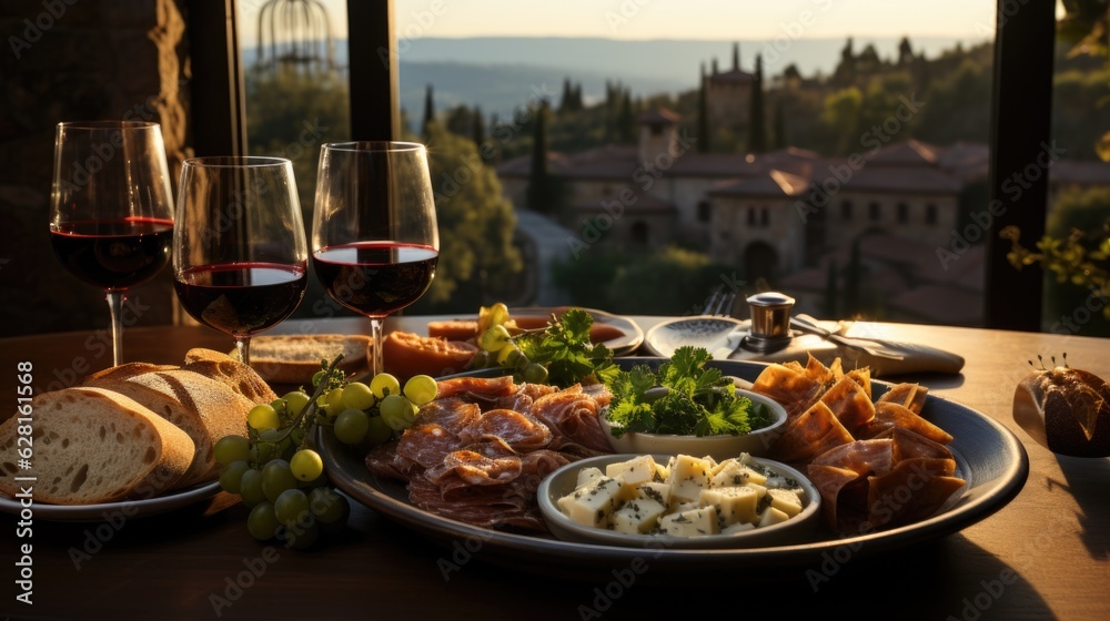 Italian table setting on the terrace overlooking the vineyards with a ...