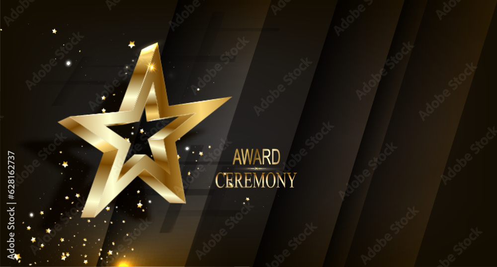 3d golden star golden with lighting effect on black background. Template luxury premium award ...