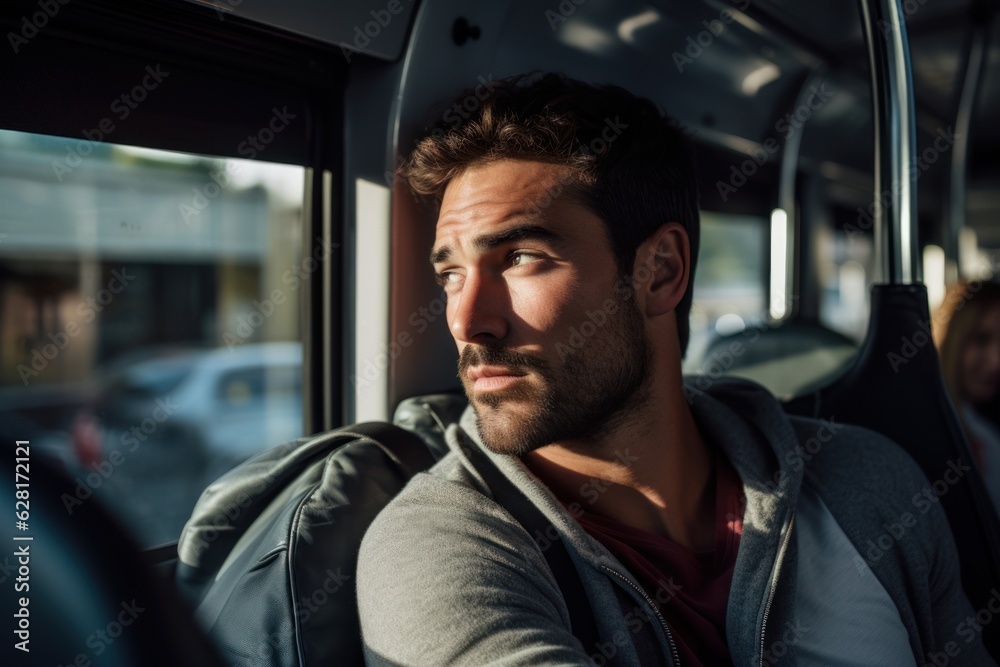 a close-up face handsome white american model passenger man driving a ...