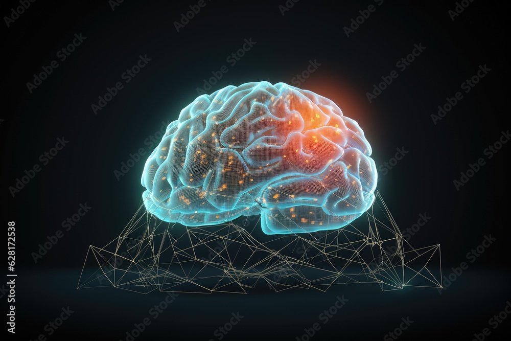Glowing brain illustrates AI and machine learning. Photo generative AI ...