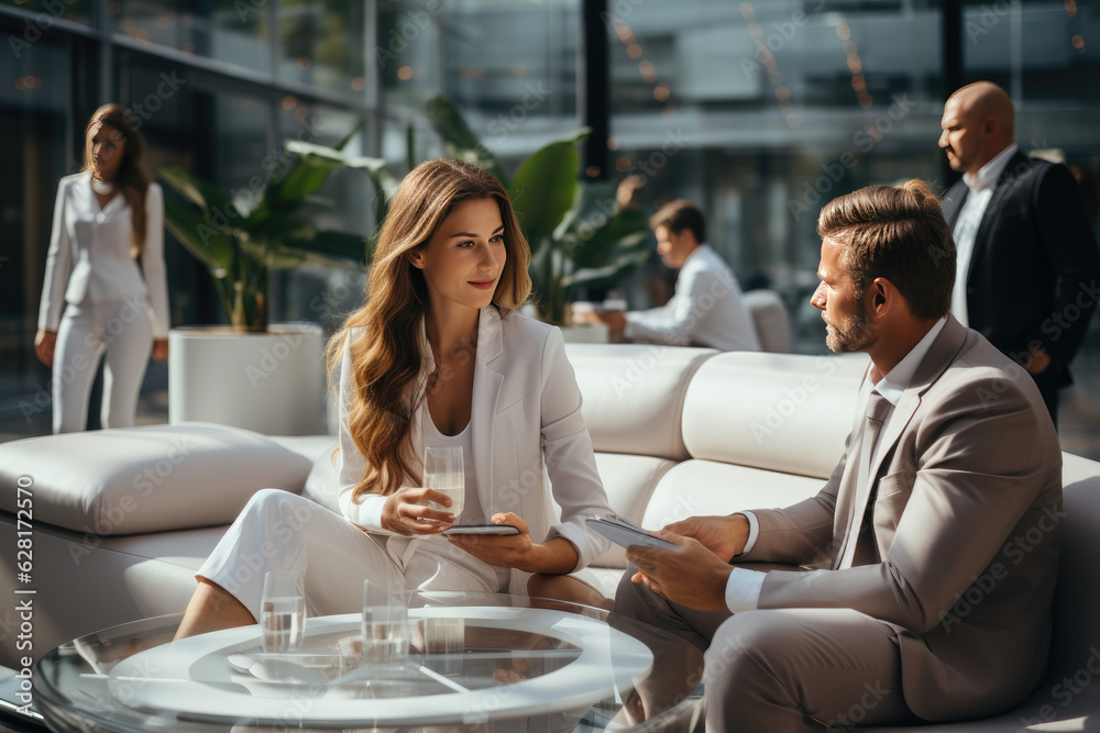 CEO with coworkers sitting around round table discussing future ...