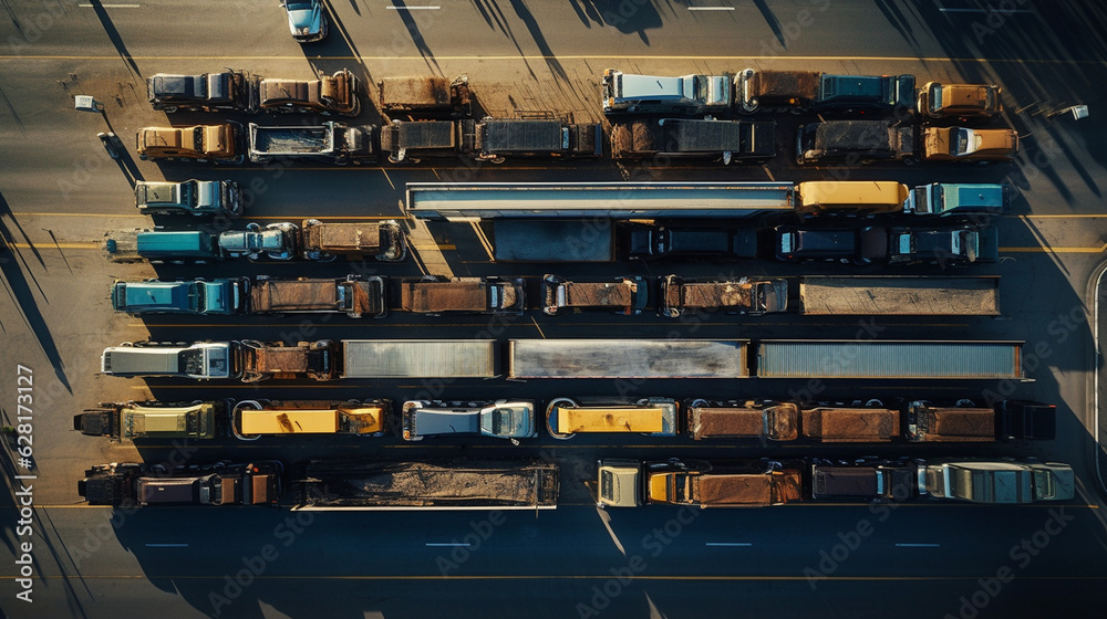 Illustrate a mesmerizing aerial view of a fleet of modern flatbed ...