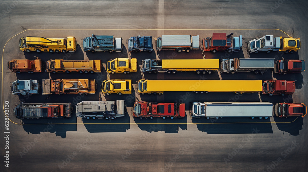 Illustrate a mesmerizing aerial view of a fleet of modern flatbed ...