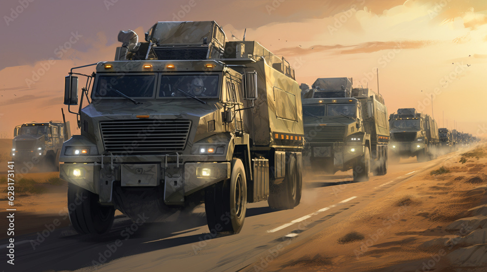 Create a realistic painting of a convoy of armored security trucks ...