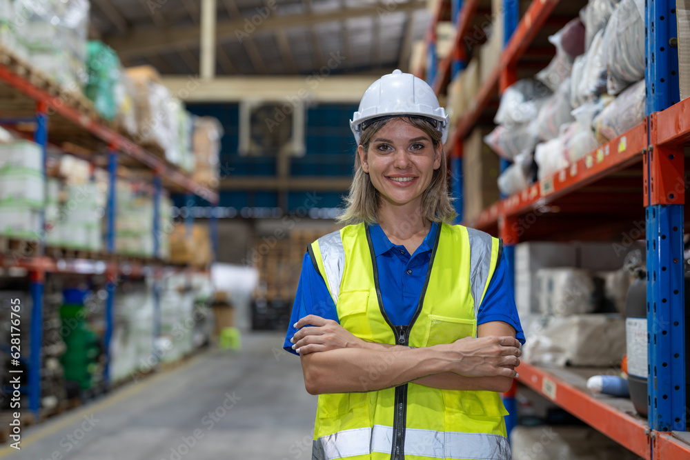 Portrait of woman worker wearing vest and helmet safety standing arms ...