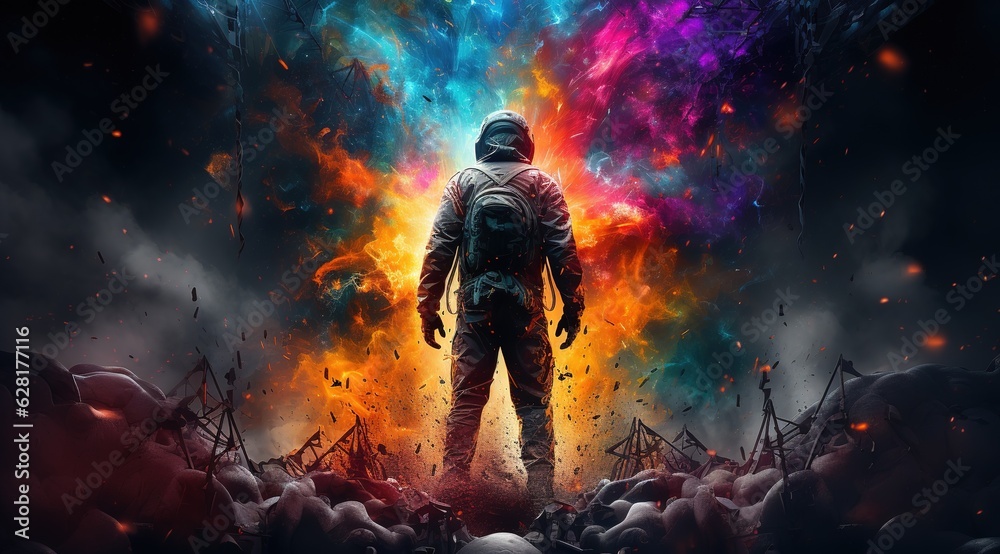 Astronaut on the surface of a rock with a space colorful background, an ...