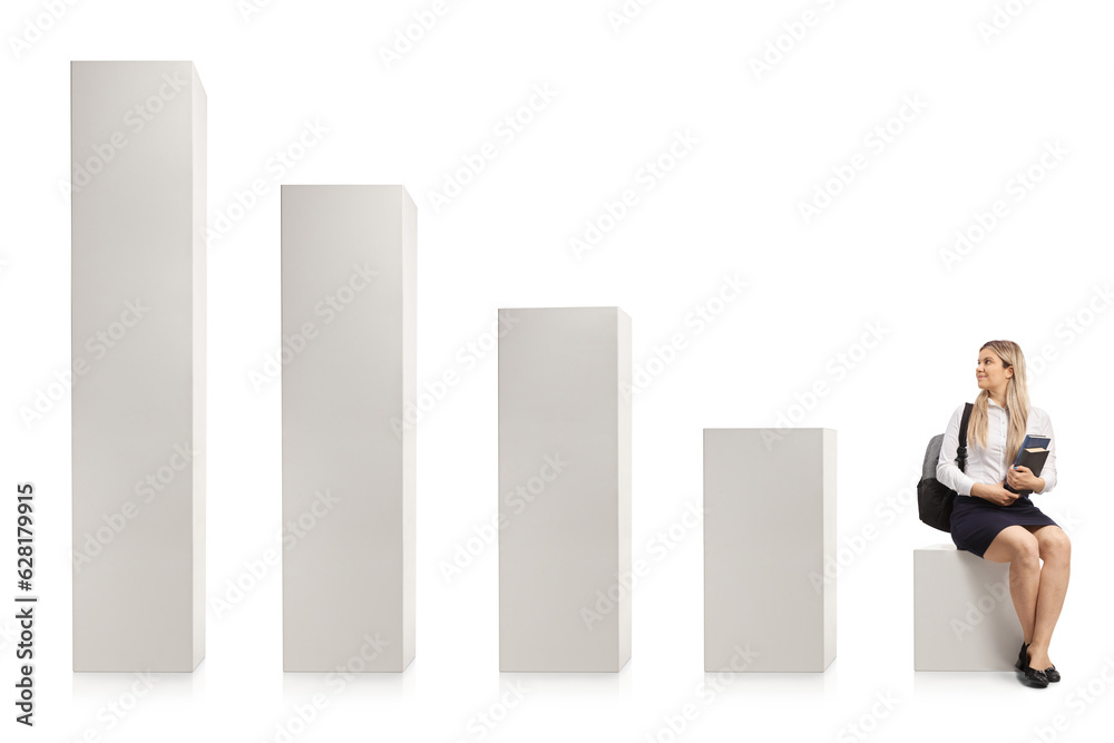 Female college student sitting on a bar chart and looking at rising ...