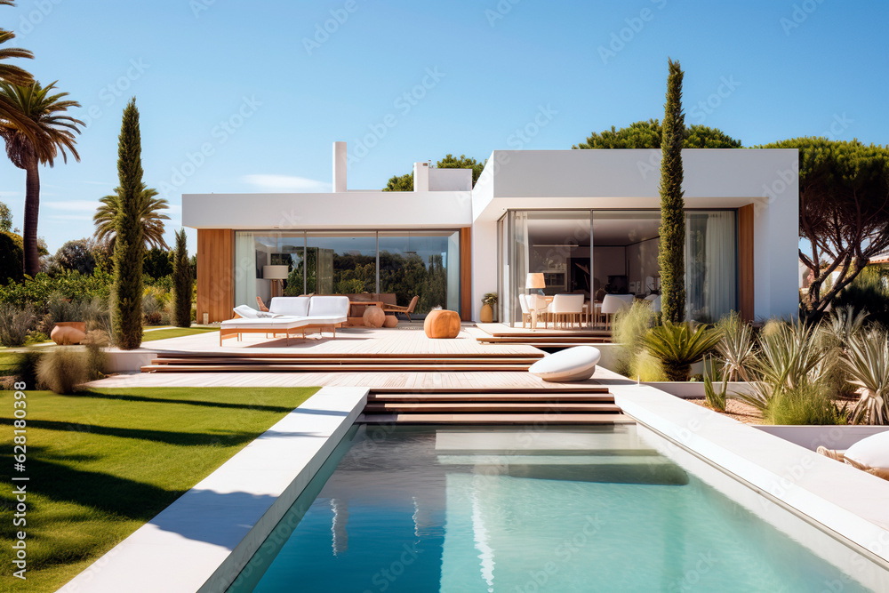 Luxury modern vacation home with a swimming pool. Sunbeds, relaxing ...
