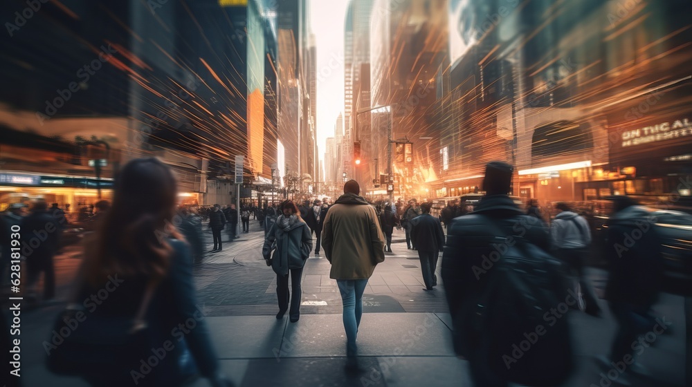 Fast moving energetic crowd movement, motion blurred people walking ...