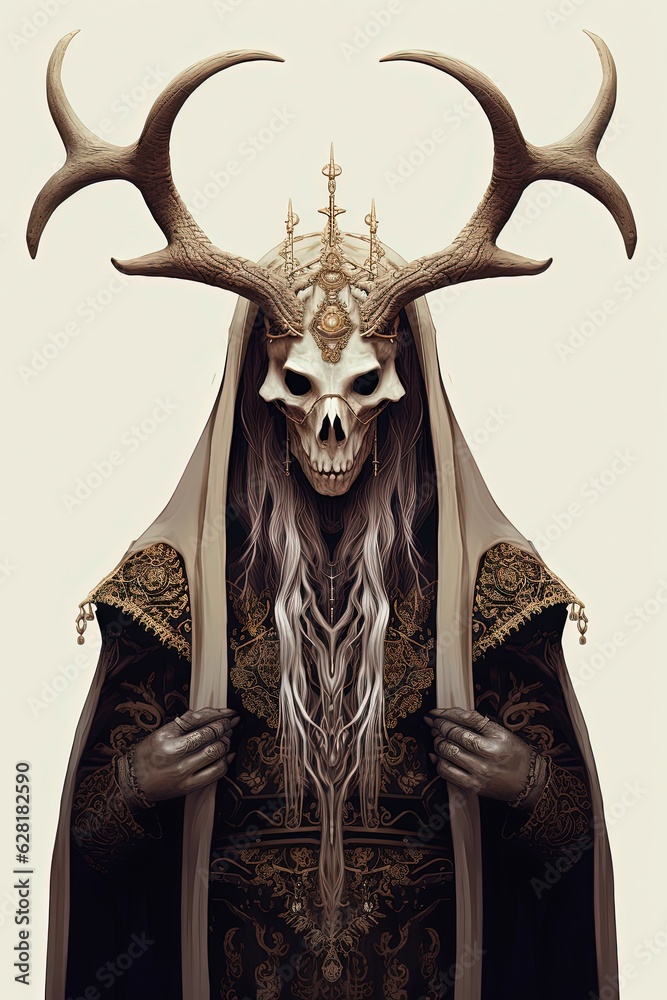 A person dressed in a shaman's costume wearing a crown with horns and a ...