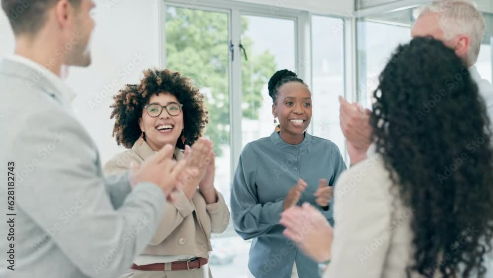 Business people, applause and celebration for teamwork achievement ...