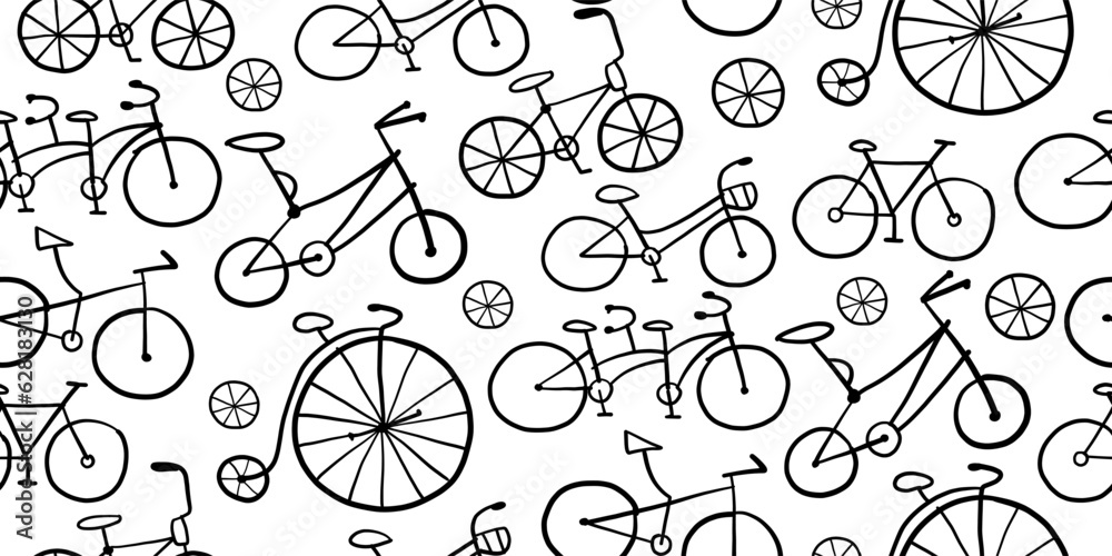 Bicycle time. Types of bicycles, tools and spare parts. Seamless ...