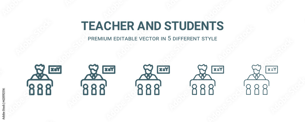 teacher and students icon in 5 different style. Thin, light, regular ...