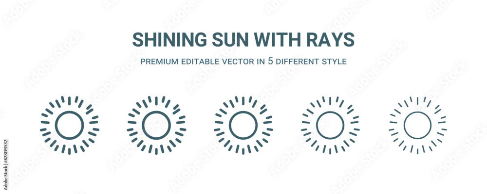 shining sun with rays icon in 5 different style. Thin, light, regular ...