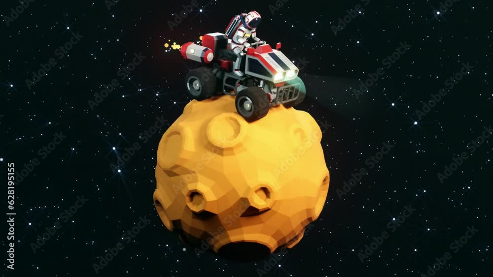 Spaceman rides on a space rover on a rotating planet with craters. 3d ...