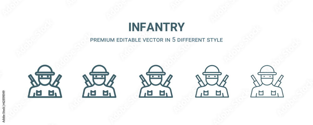infantry icon in 5 different style. Thin, light, regular, bold, black ...