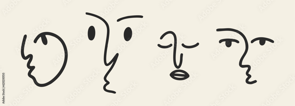 Set of abstract faces linear. Portrait in a minimalist style. Outline ...