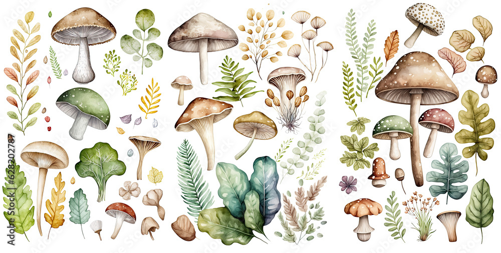 Set of mushroom watercolor collection of hand drawn, mushroom beige ...