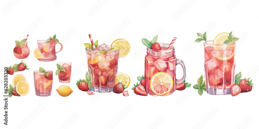Watercolor Strawberry Lemonade clipart for graphic resources Stock ...