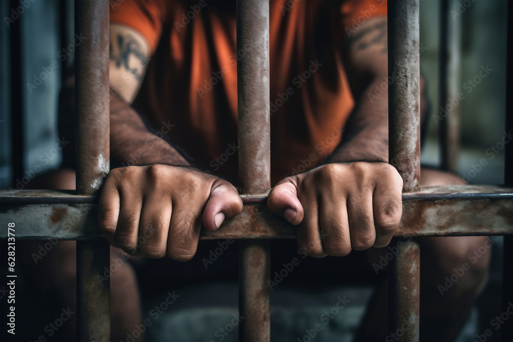 Man behind prison bars. Men's hands rest on the bars of a prison or ...