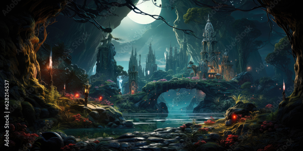 epic cathedral inside lush forest with colorful stained glass,16k ...