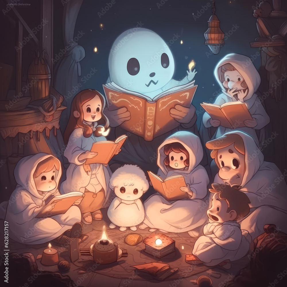 A heartwarming illustration of sweet ghost parents reading bedtime ...