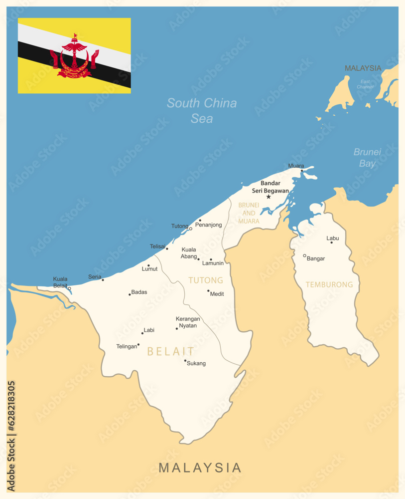 Brunei - detailed map with administrative divisions and country flag ...