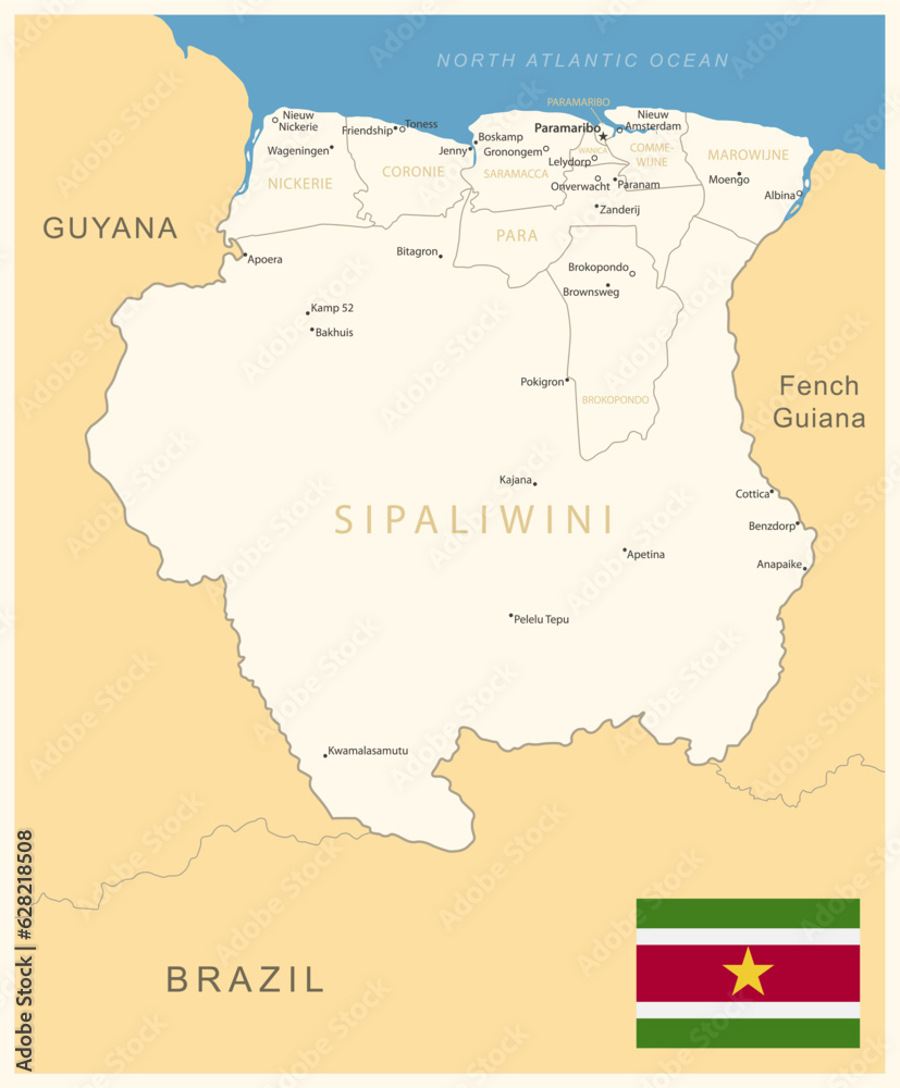 Suriname - detailed map with administrative divisions and country flag ...