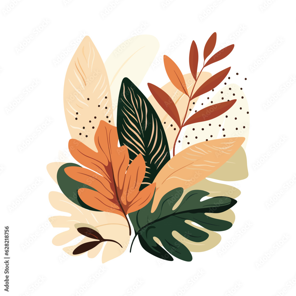 abstract foliage wall art vector background. Tropical leaf in hand ...