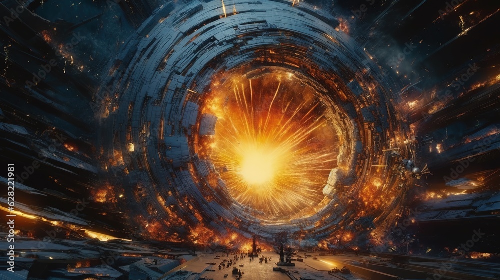 Portal to another world with a fiery glow around. Cosmic wormhole ...