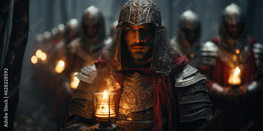 templar knights inside dark forest with torches, ordinary looking, with ...