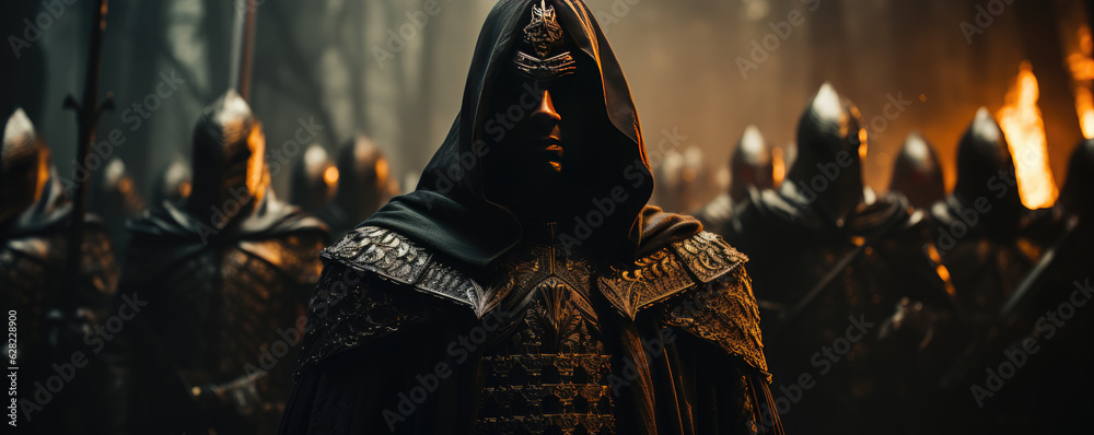 templar knights inside dark forest with torches, ordinary looking, with ...