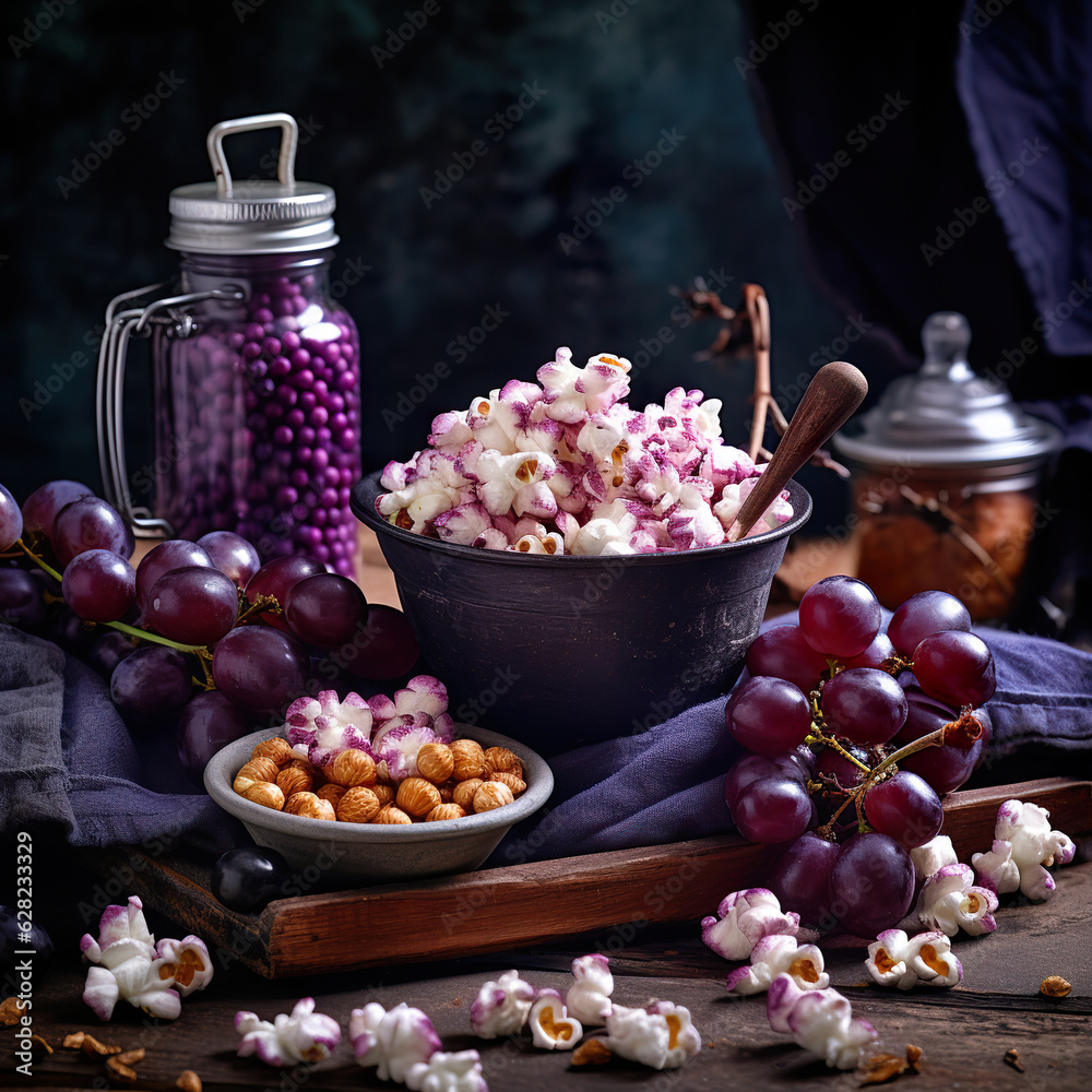 Grape flavored caramel popcorn. Caramelized popcorn on the table ready ...