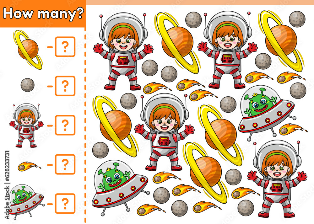 Counting game for children. Kids math game. How many space objects ...
