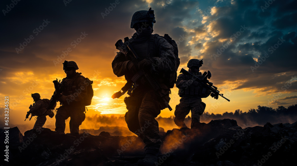 military soldiers storm enemy positions on sunset background generative ...