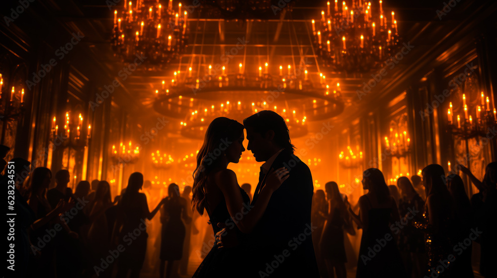 silhouette couple in love at the ball by the light of lamps and candles ...