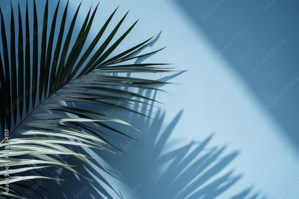 palm tree leaves, shadow,, wall, light blue background Stock Photo ...