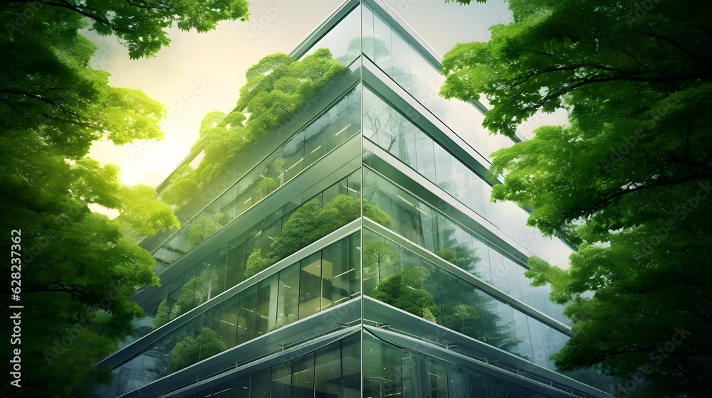 Eco-friendly building in the modern city. Sustainable glass office ...