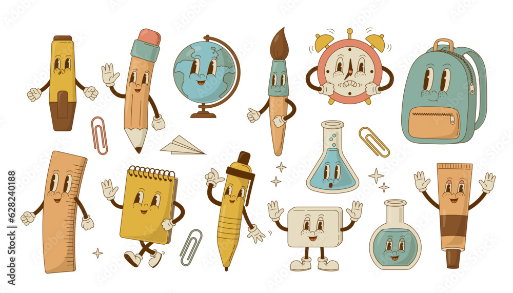 Set of retro cartoon school supplies characters. Pen, pencil, backpack ...