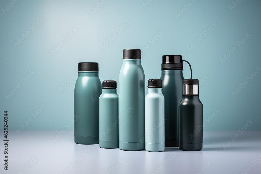 Thermos flasks of different sizes on a light uniform background Stock ...