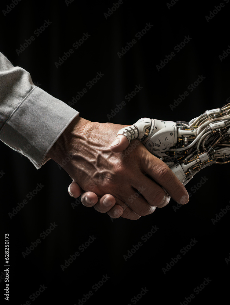 Human hand shakes artificial intelligence robotic hand, concept of ...