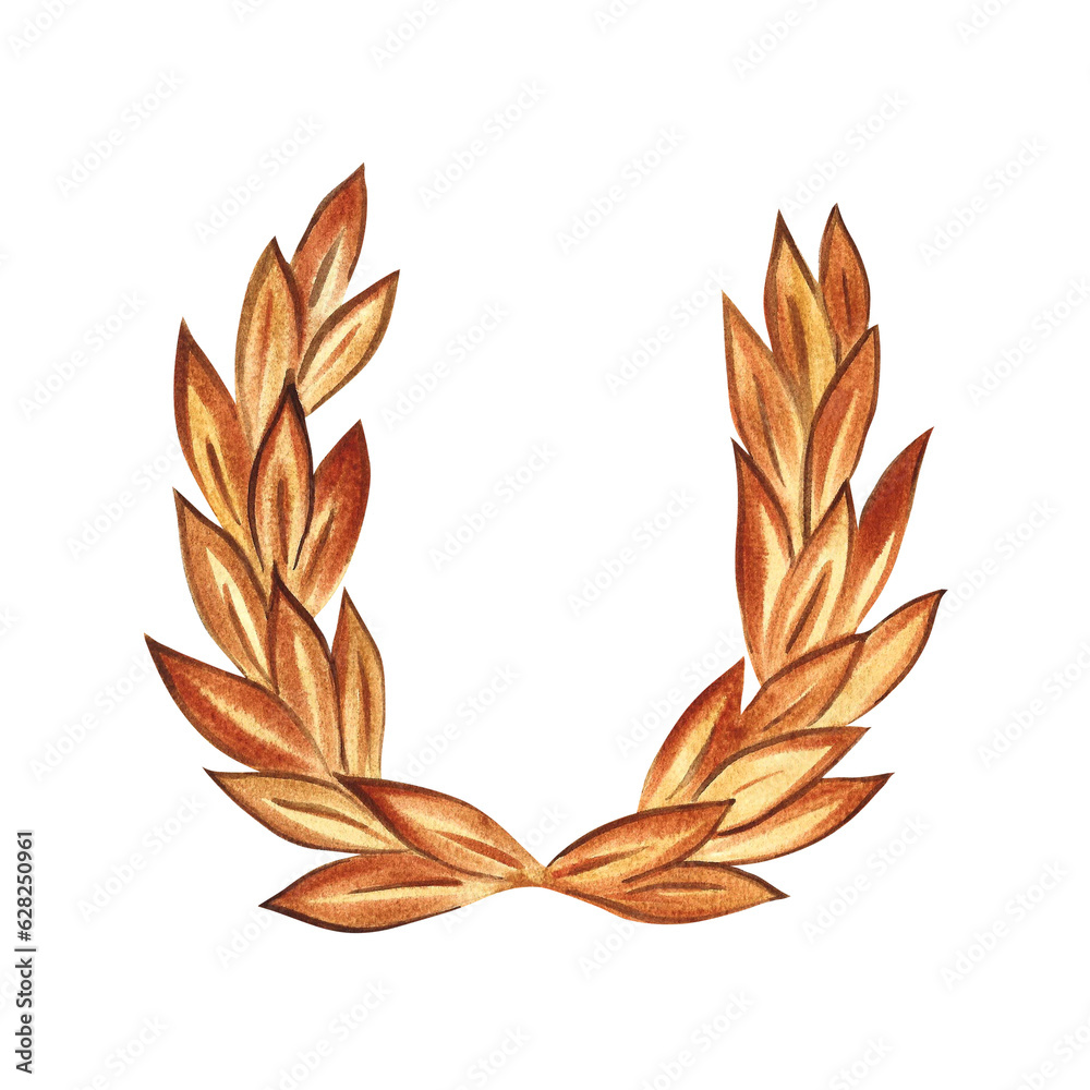 Golden laurel crown. Element of Ancient Greece. Hand drawn watercolor ...