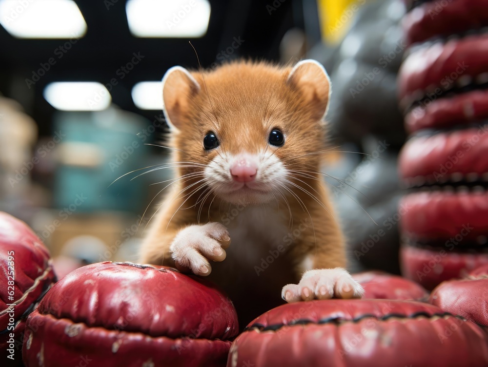 In the center of a miniature boxing ring, a determined ferret stands on ...