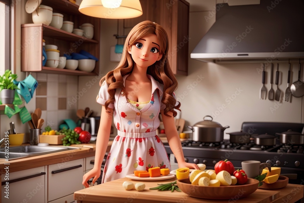 Pinup girl in the kitchen with vegetables. Pinup girl in the kitchen ...
