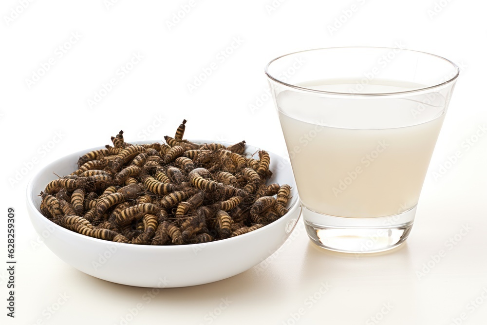 Insects alternative milk white bowl with black soldier fly larvae on ...