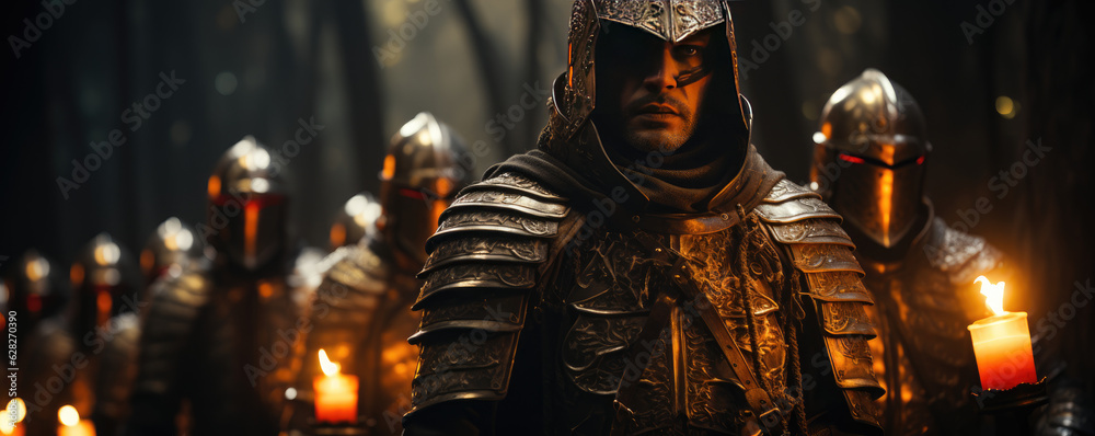 templar knights inside dark forest with torches, ordinary looking, with ...
