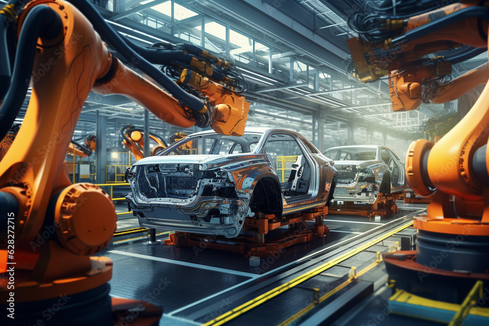 3D concept of a car factory: automated robotic arm assembly line ...
