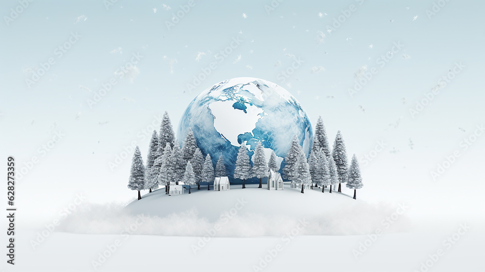 Earth globe with continents on snow and blue background. The concept of ...