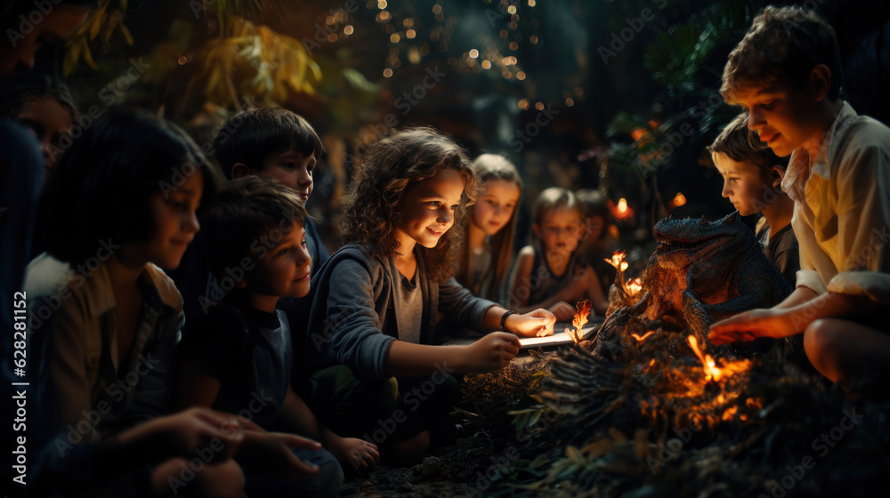 Group of kids looking at a bonfire in a dark forest. Cute children ...